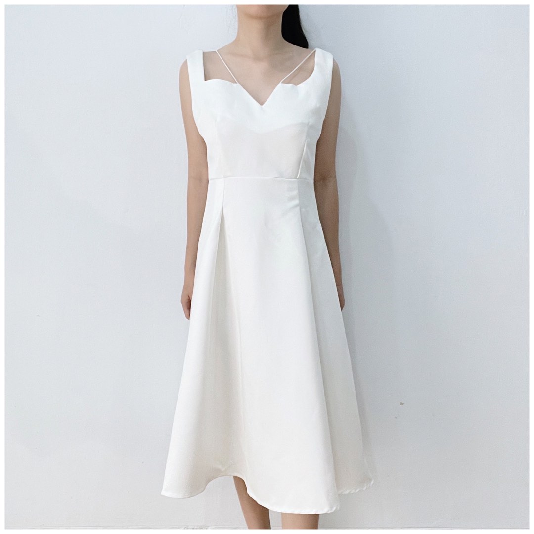 White Assymetric Strap A Line Flare Midi Dress Wedding Prewed Gown ...