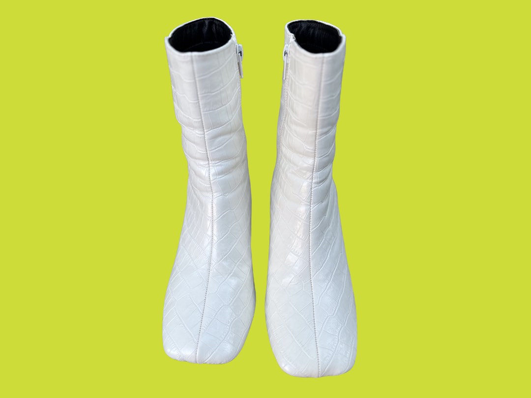 Croc Skin Textured Square Toe White Boots, Women's Fashion, Footwear ...