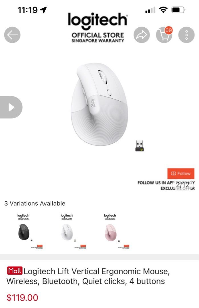 (Like new & fullbox) Logitech Lift Vertical Ergonomic Mouse, Wireless ...