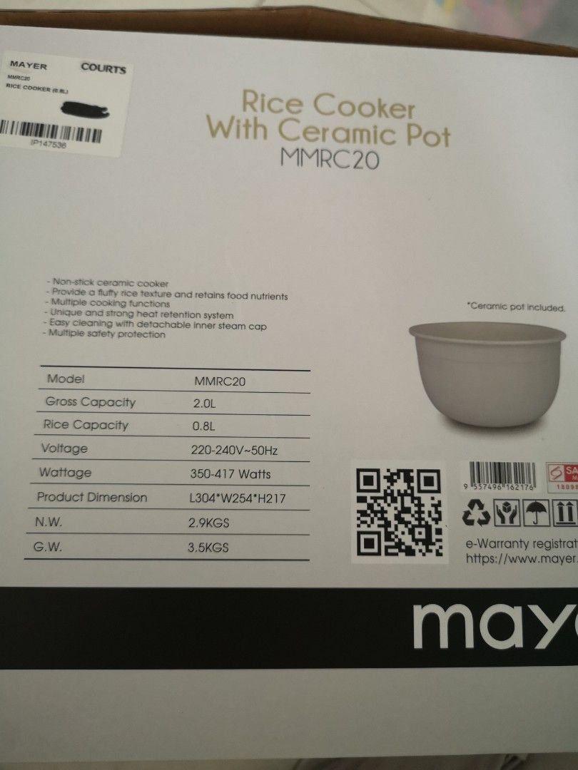 Mayer Rice Cooker with Ceramic Pot, TV & Home Appliances, Kitchen ...