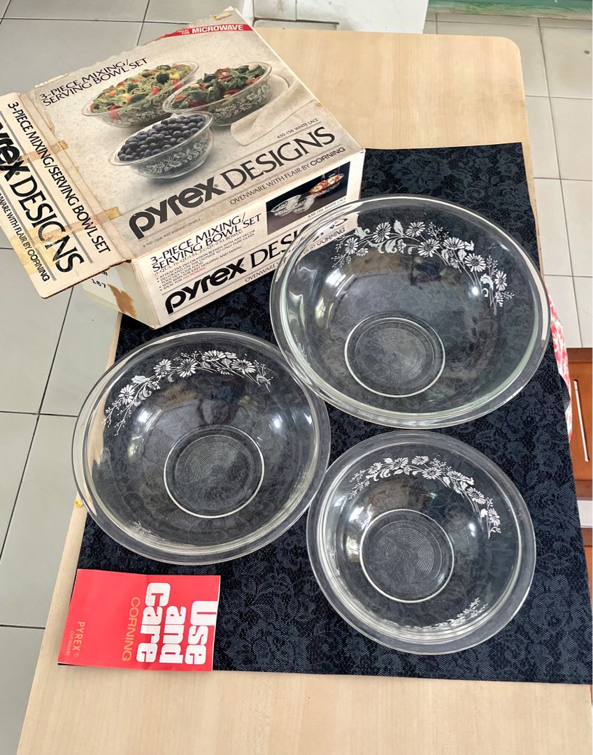 Pyrex 3 pc mixing/ serving bowl set white lace design, Furniture & Home ...
