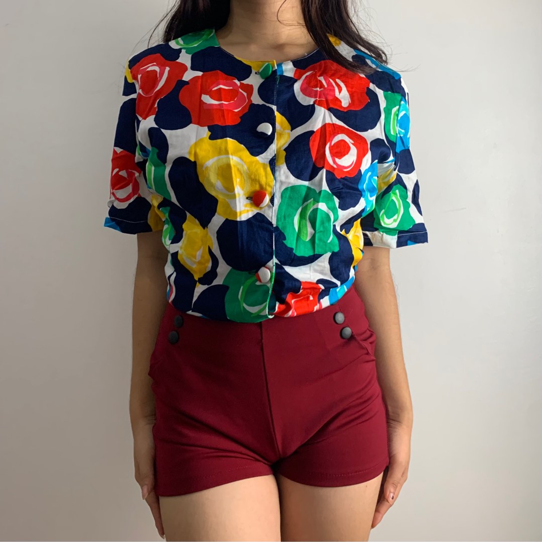 vibrant 70s 80s vintage colorful floral polo top, Women's Fashion, Tops ...