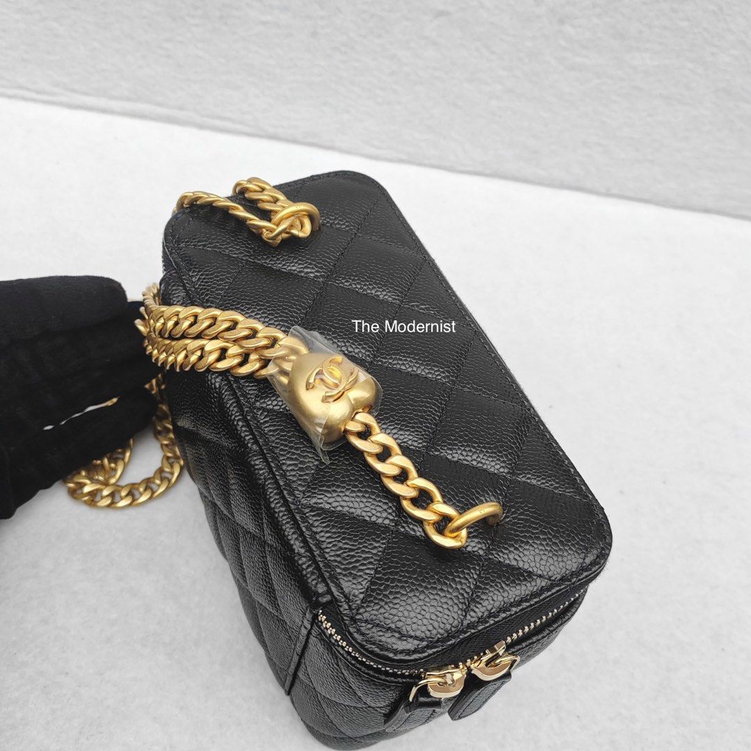 Authentic Chanel 23P Black Caviar Vanity Box with Heart Adjustable ...