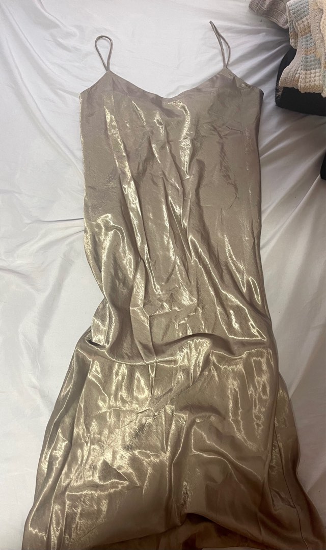 date night thick silk satin maxi dress metallic, Women's Fashion ...
