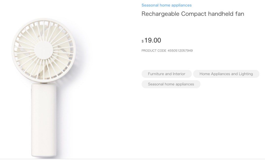 Muji Rechargeable Compact handheld fan, Everything Else on Carousell