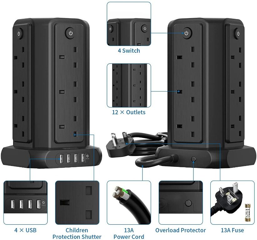 (readystock) 1.5/3m Power Strip Tower with USB, NTONPOWER 1080J Surge ...