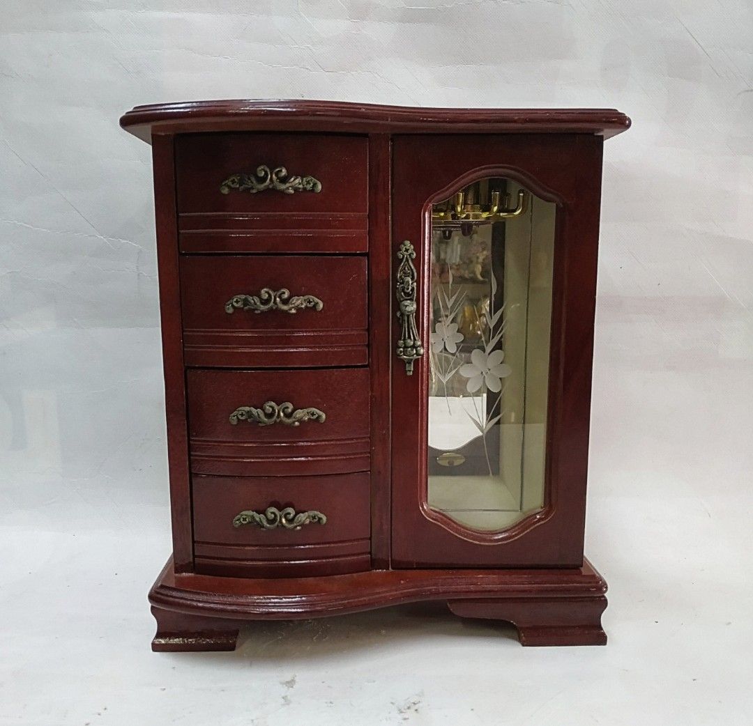 vintage jewelry box, etched glass door wooden jewelry armoire with 4 ...