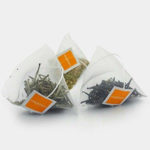 3 pyramid-shaped Singabera Tea Bags. EARL GREY, JAVA BREAKFAST, JASMINE GREEN TEA SENCHA ...