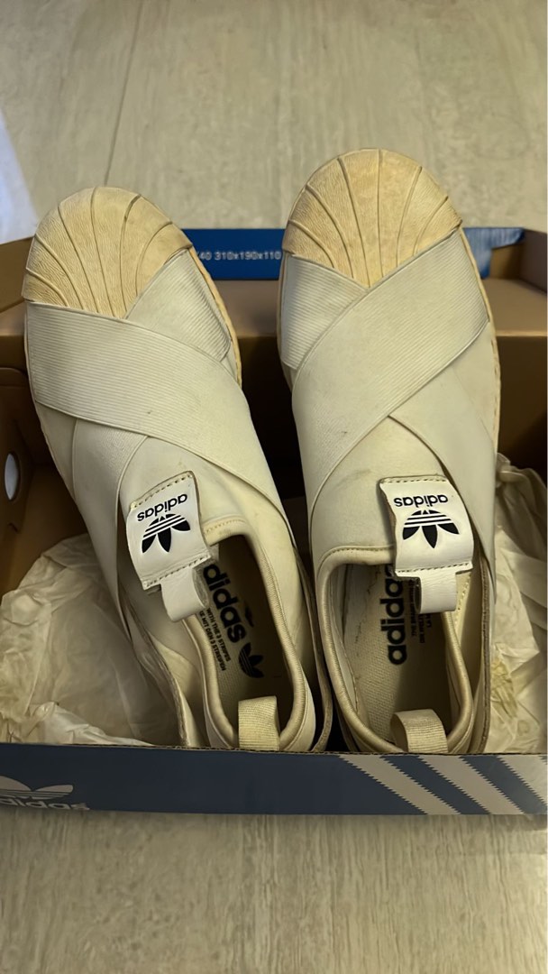Adidas shoes white / Super star slip on Women, Fesyen Wanita, Sepatu di ...
