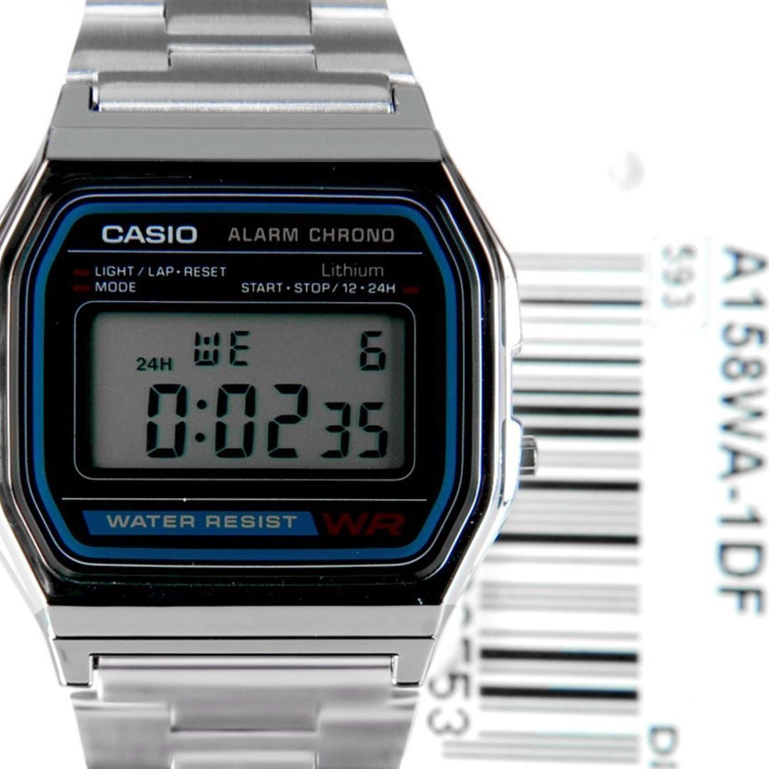 Casio Classic Retro Digital Mens Stainless Steel Band Watch A158WA-1DF A158WA-1D A158WA-1, Men's ...