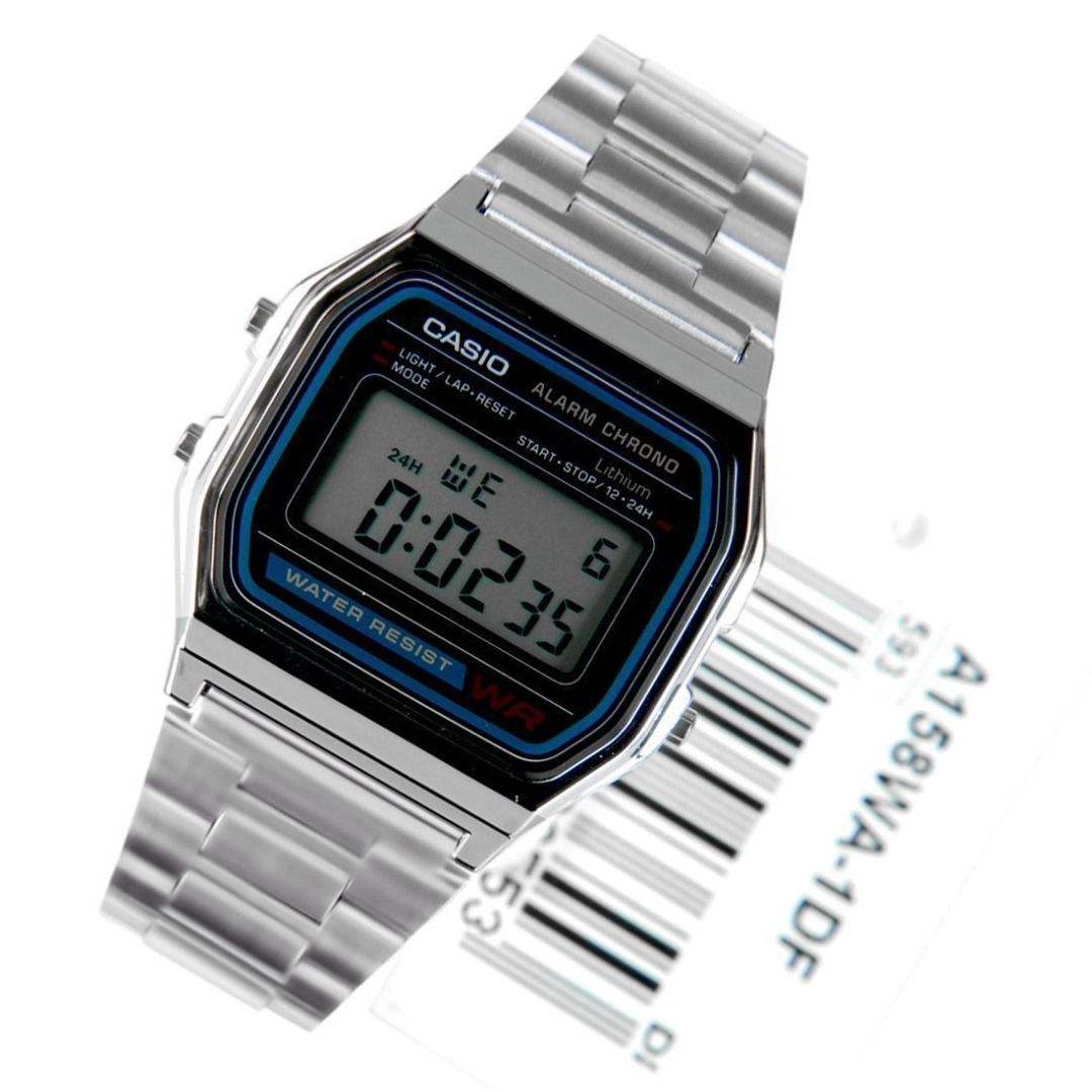 Casio Classic Retro Digital Mens Stainless Steel Band Watch A158WA-1DF A158WA-1D A158WA-1, Men's ...
