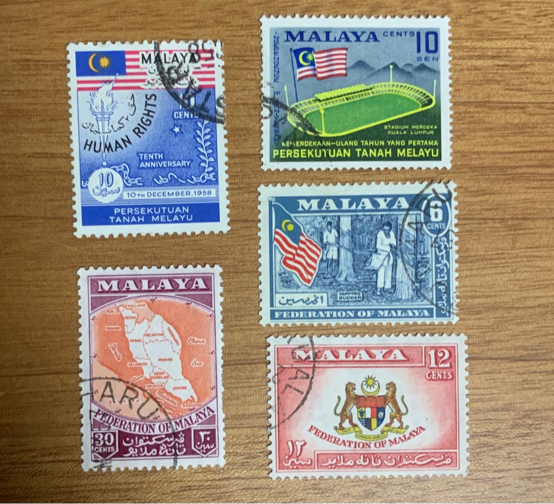 Federated Malaya 5v stamps - mail, Merdeka anniversary, rubber tapping ...