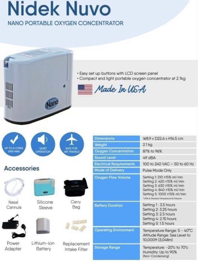 Nidek Nuvo Nano Portable Oxygen Concentrator, Health & Nutrition ...