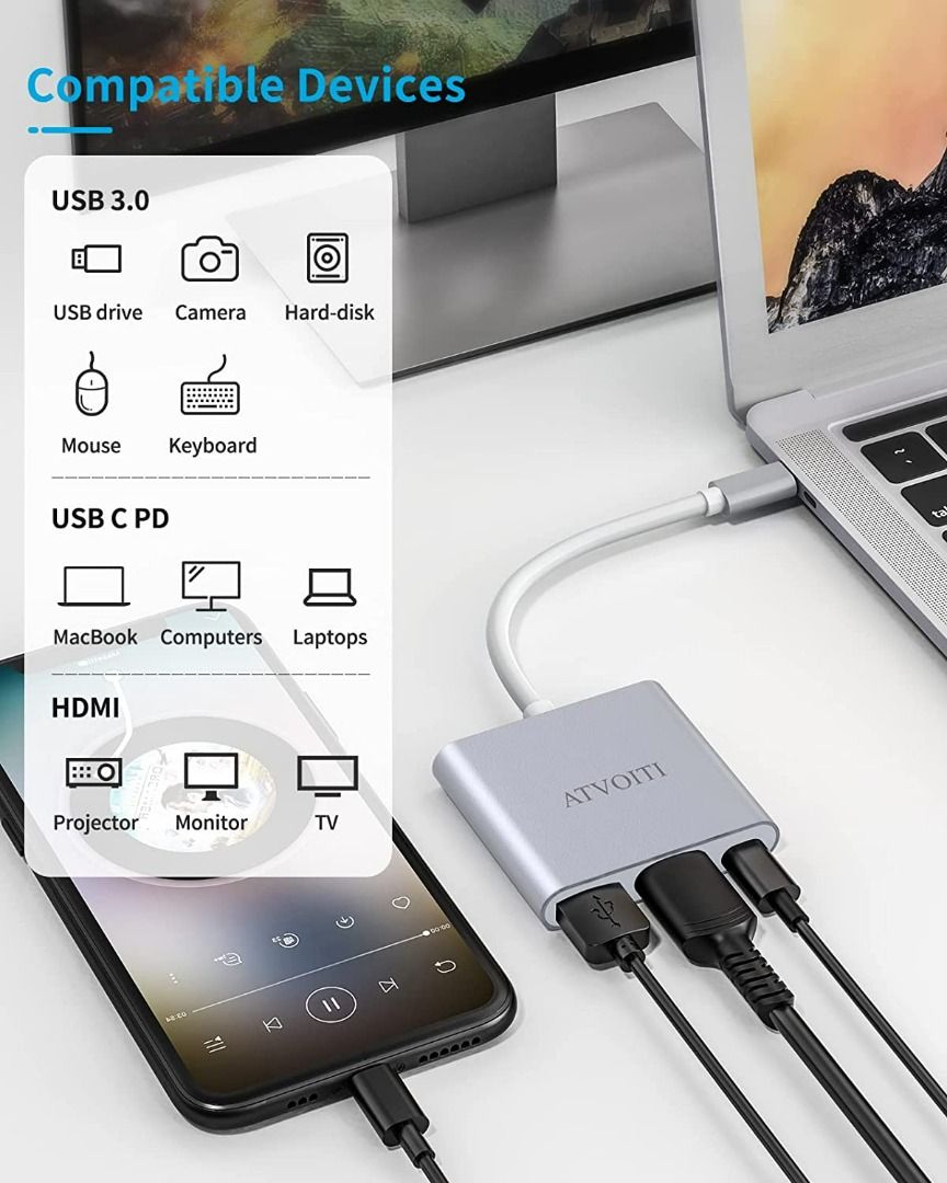 USB C to HDMI Adapter 4K, 3 in 1 Multiport USB C to HDMI, USB3.0 and ...