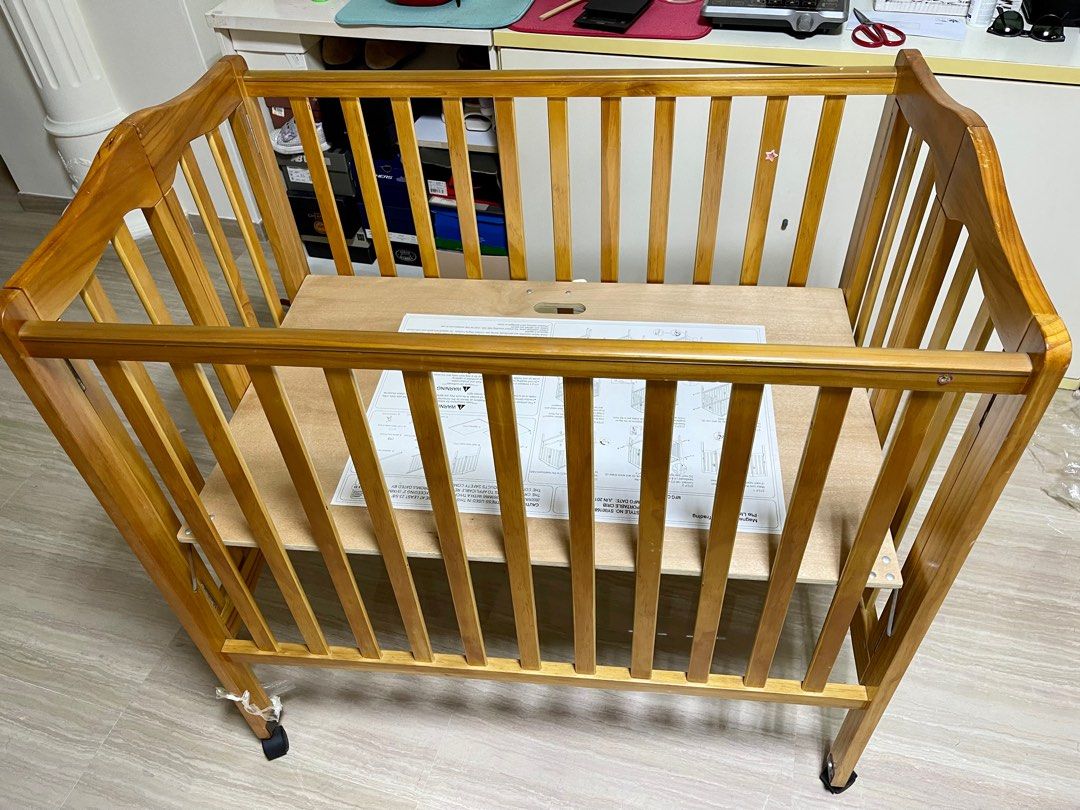 Wooden foldable baby cot with castor and mattress, Babies & Kids, Baby ...