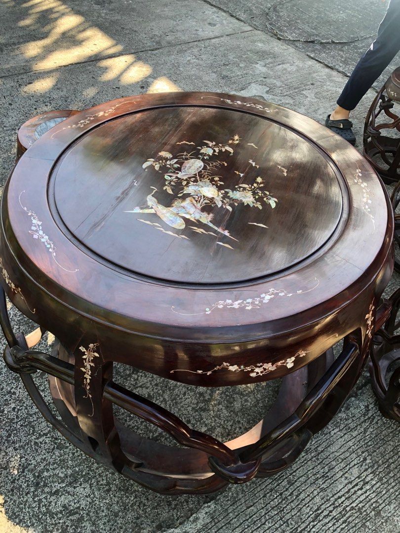 Antique Set of Asian Round Table and 4 Stools Hardwood with Mother of ...