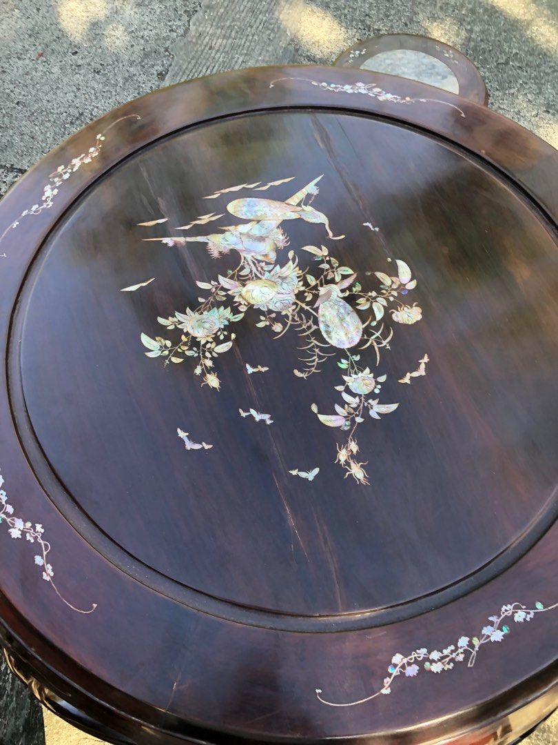 Antique Set of Asian Round Table and 4 Stools Hardwood with Mother of ...
