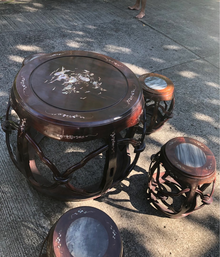 Antique Set of Asian Round Table and 4 Stools Hardwood with Mother of ...