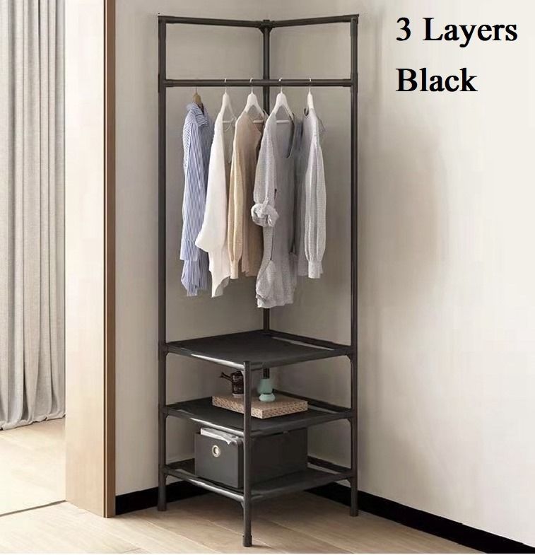 Corner Clothes Rack Metal Stand Shelf Hanger (Black), Furniture & Home ...