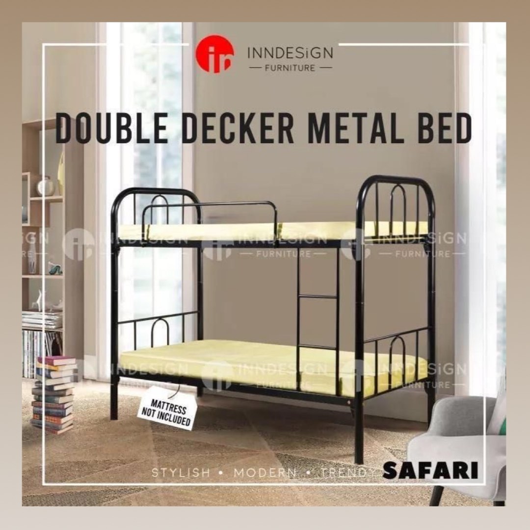Double decker bed frame metal bed bunk bed ready stock black colout, Furniture & Home Living ...