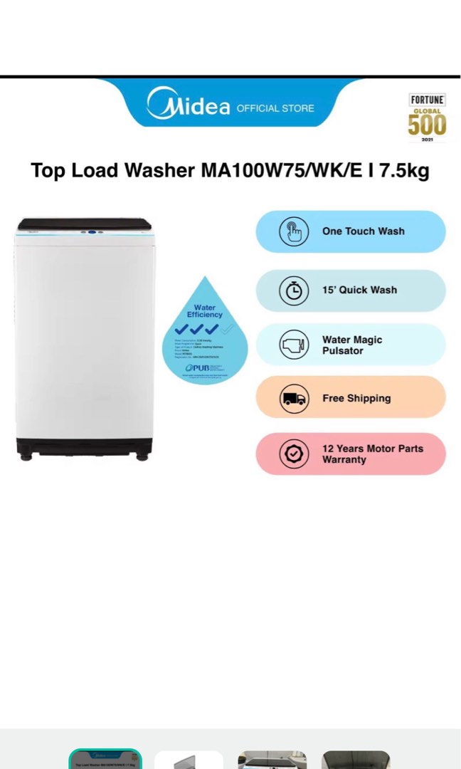 Midea Top Load 7.5kg Washer washing machine, TV & Home Appliances ...