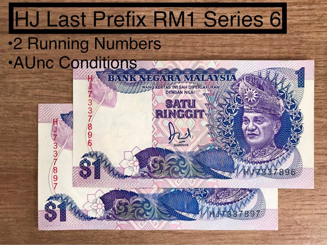 RM 1 HJ Last Prefix Two Running Numbers Satu Ringgit Malaysia RM1 $1 6th Series Siri 6 (AUNC ...