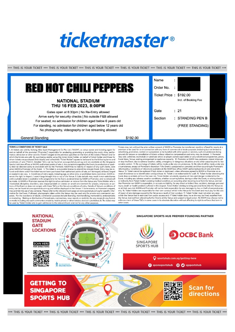 Ticket for Red Hot Chili Peppers (Standing Pen B) - National Stadium ...