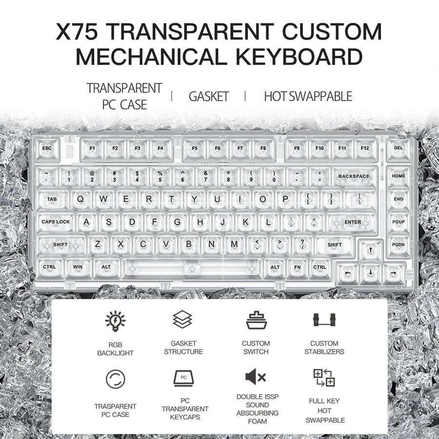 XINMENG X75 冰感全透明 RGB音樂律動 客製化機械鍵盤(82鍵5針熱插拔) Type-C即插即用(全鍵無衝) 鍵線分離設計 82粒 ...