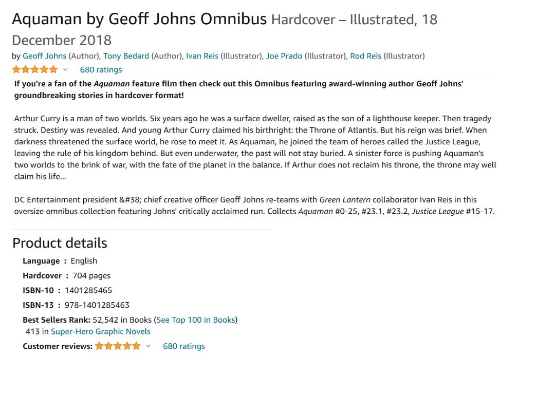 AQUAMAN OMNIBUS by GEOFF JOHNS in shrink, Hobbies & Toys, Books ...