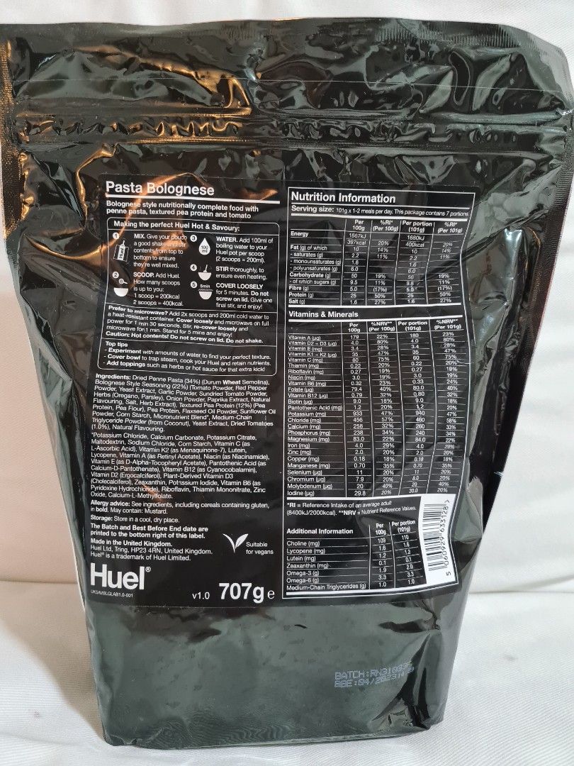 Huel Hot & Savory instant meal Pasta Bolognese, Health & Nutrition ...