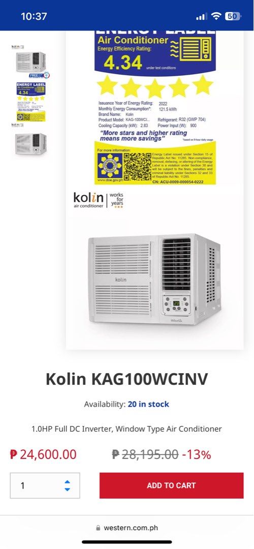 Kolin 1HP Inverter Window-Type Quad Series Aircon (Compact), TV & Home ...