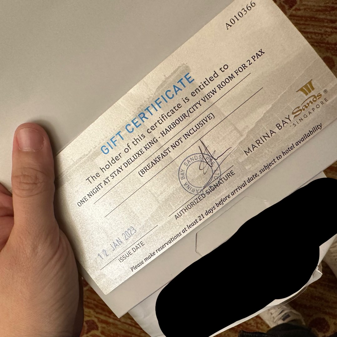 Marina Bay Sands Room Stay Certificate - Deluxe King for 2 pax, Tickets ...