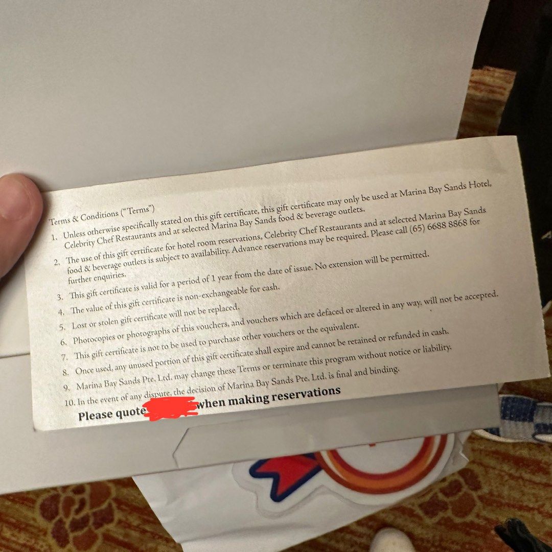 Marina Bay Sands Room Stay Certificate - Deluxe King for 2 pax, Tickets ...