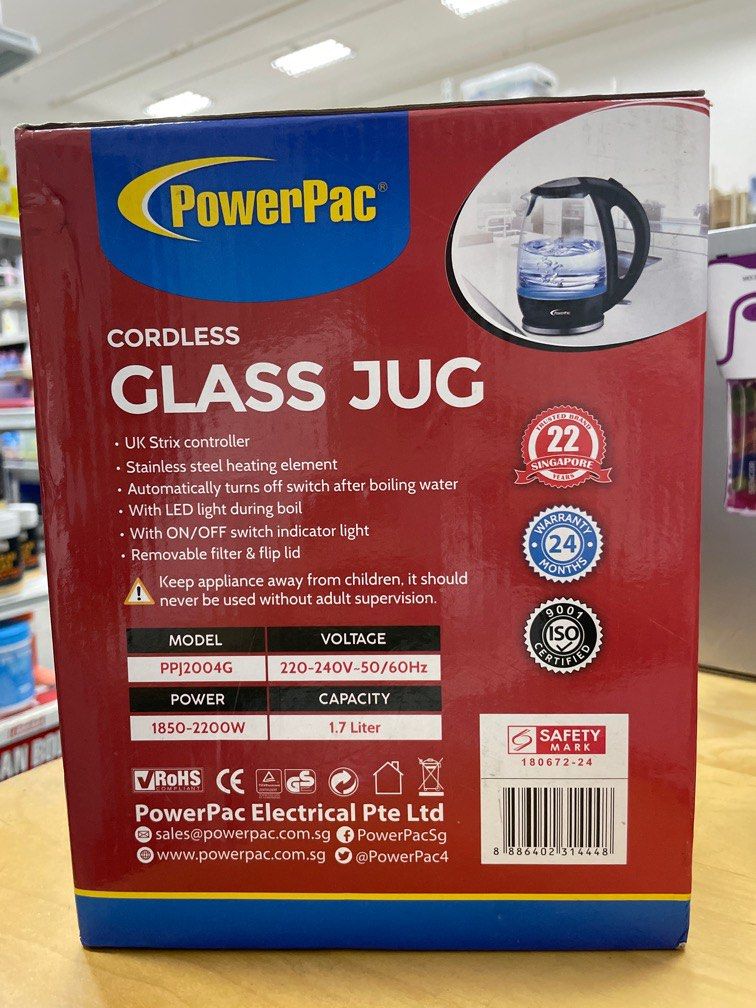 PowerPac 1.7L Cordless Glass Jug with UK Strix Controller 1.7L, TV ...