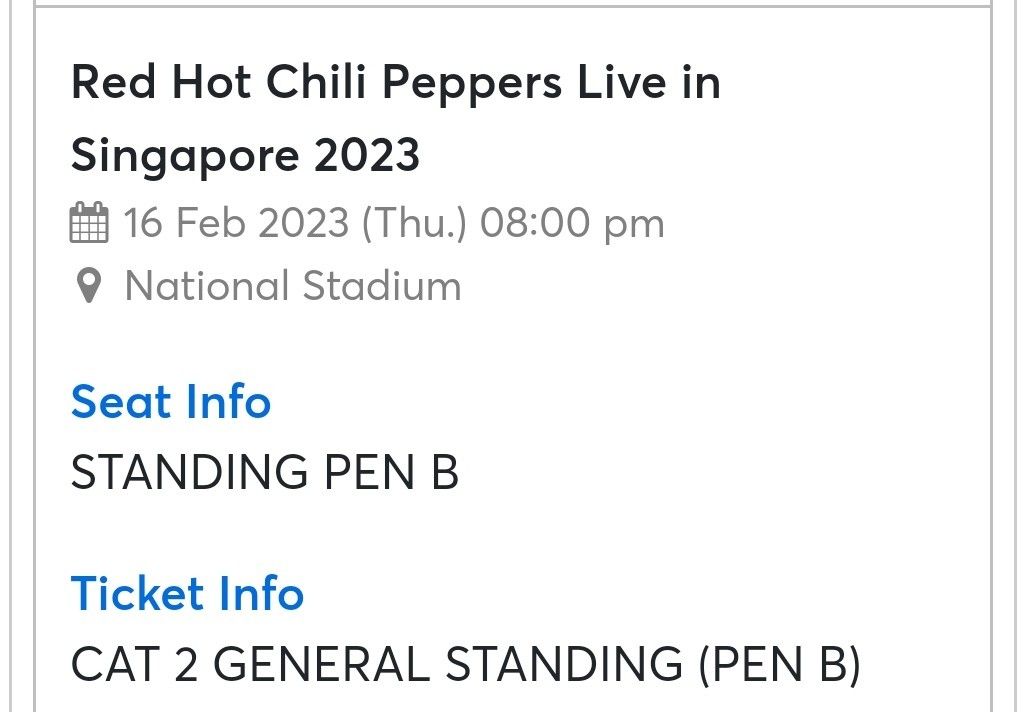 Red hot chili peppers Singapore 16 Feb 2023 standing Pen B, Tickets ...