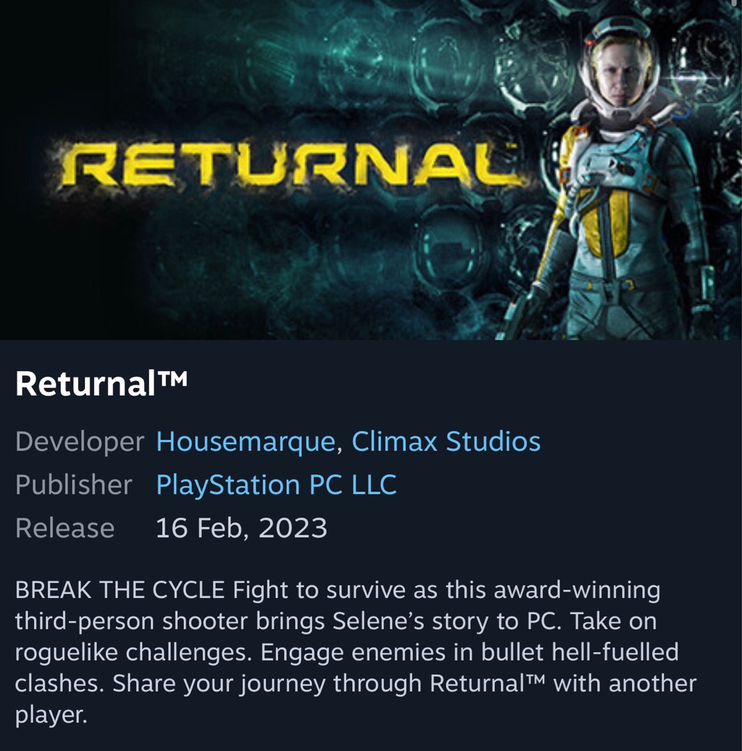 Returnal (PC Steam), Video Gaming, Video Games, Others on Carousell