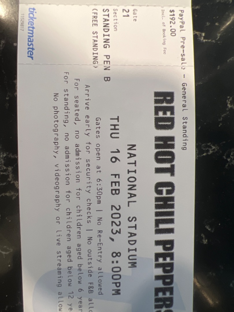 Standing Pen B Ticket Red Hot Chili Peppers RHCP, Tickets & Vouchers ...