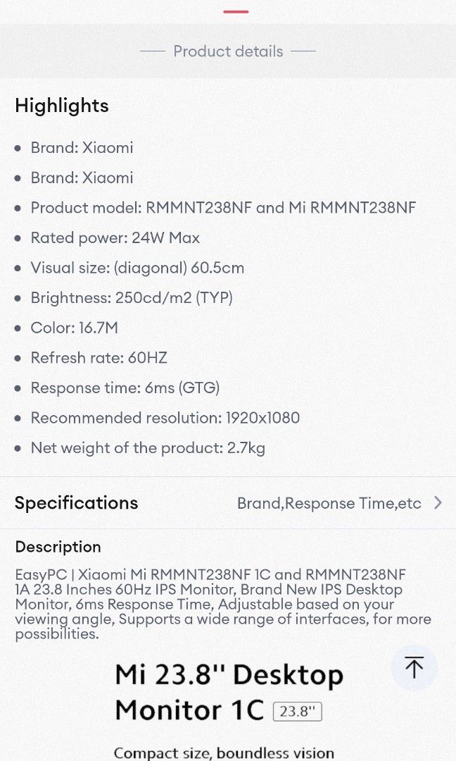 Xiaomi RMMNT238NF 1C 23.8 inch monitor, Computers & Tech, Desktops on ...