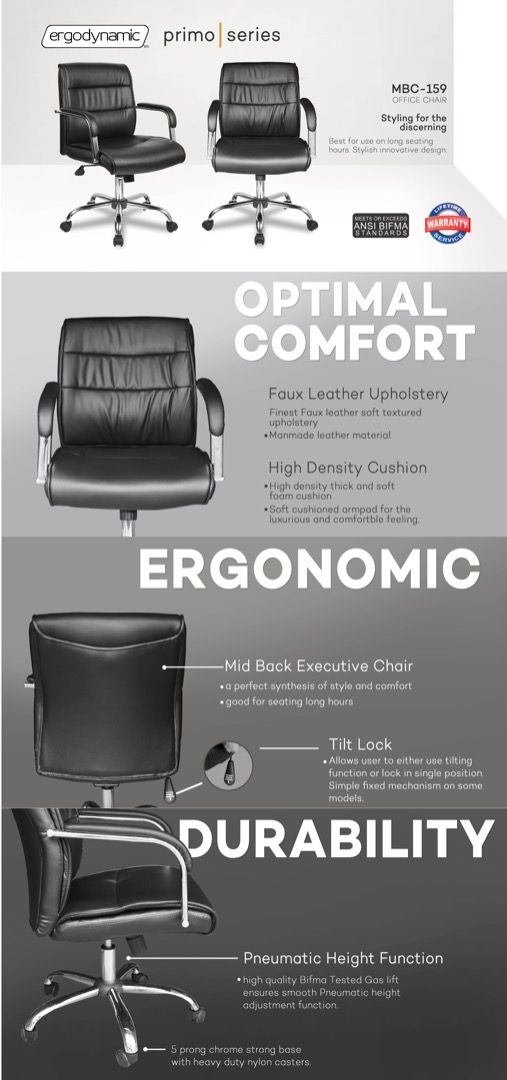 Ergodynamic MBC-159 Faux Leather Mid Back Office Chair (Black), Office ...