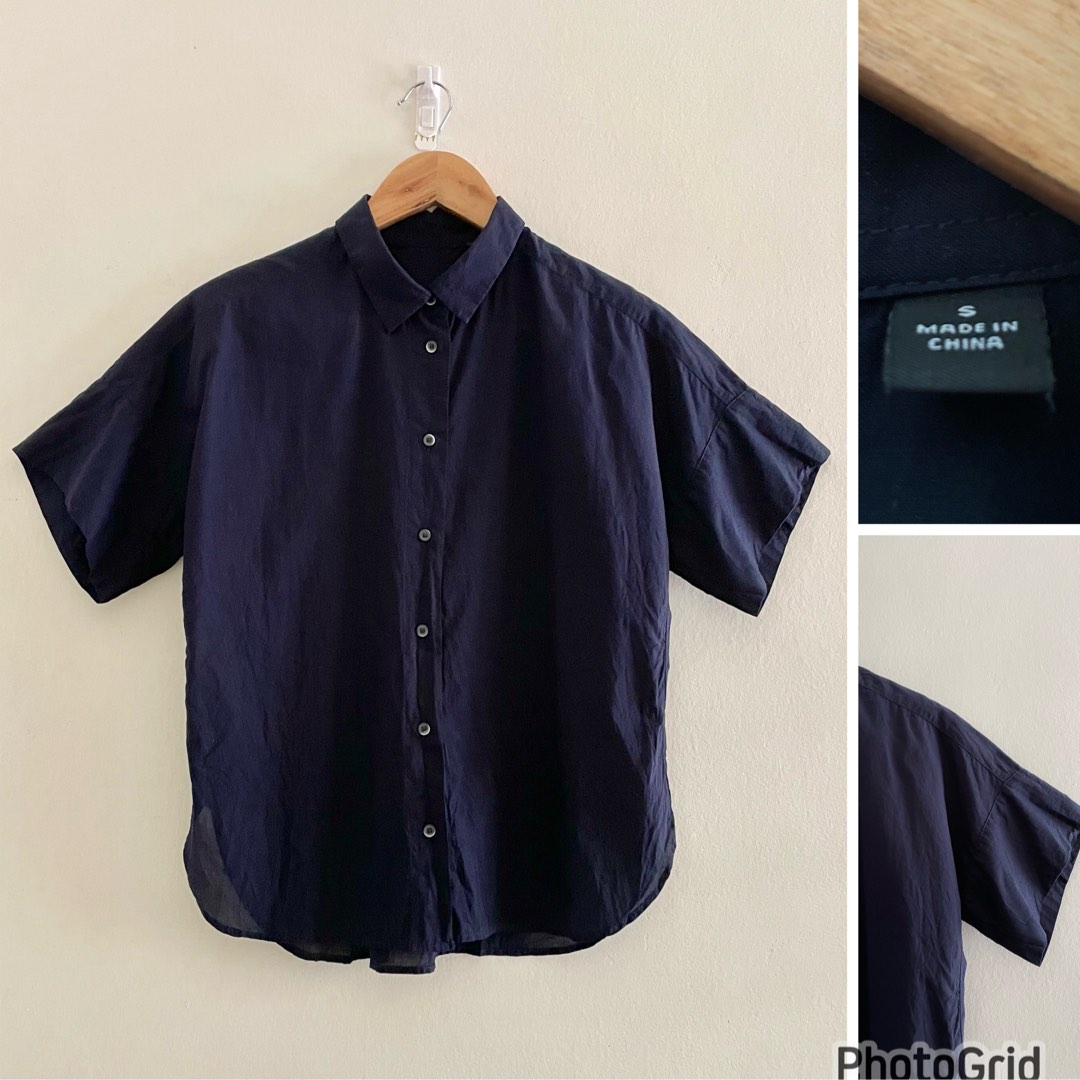 Uniqlo Navy blue boxy top, Women's Fashion, Tops, Shirts on Carousell