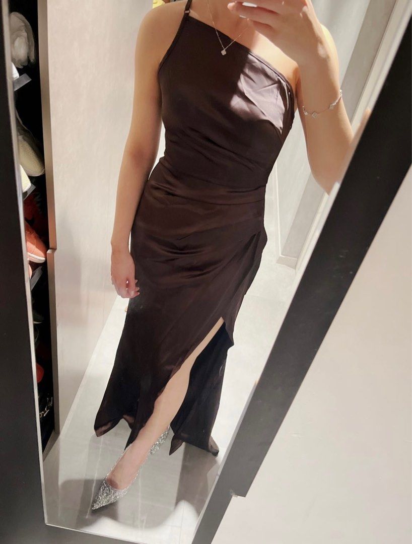 Brown Satin Toga Dress, Women's Fashion, Dresses & Sets, Evening dresses & gowns on Carousell