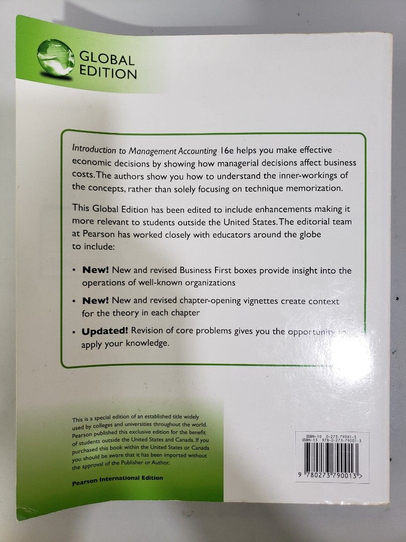 Introduction to Management Accounting Sixteenth Edition Pearson Global ...