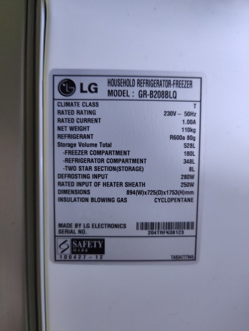 LG Refrigerator & Freezer 2-Door 528L 4-Tick Energy GR-B208BLQ ...