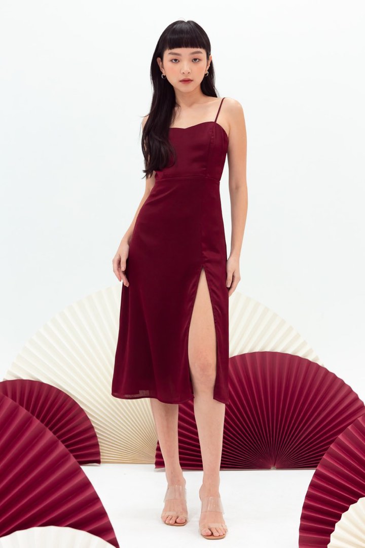 Mikayla - Shelda Midi Dress in Wine Red, Women's Fashion, Dresses ...