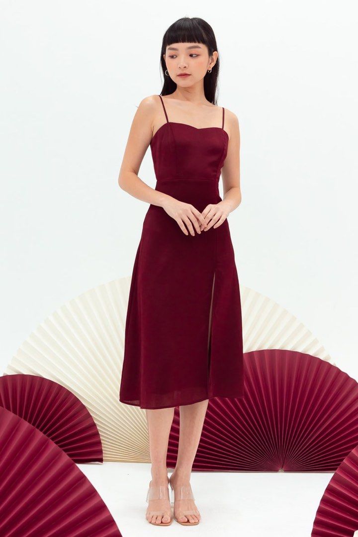 Mikayla - Shelda Midi Dress in Wine Red, Women's Fashion, Dresses ...