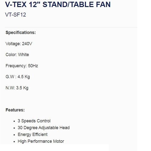 V-Tex 12" 2-In-1 Stand Fan / Table Fan - VT-SF12, Furniture & Home ...