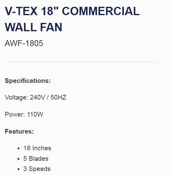 V-Tex 18" Commercial Wall Fan - AWF-1805, Furniture & Home Living ...