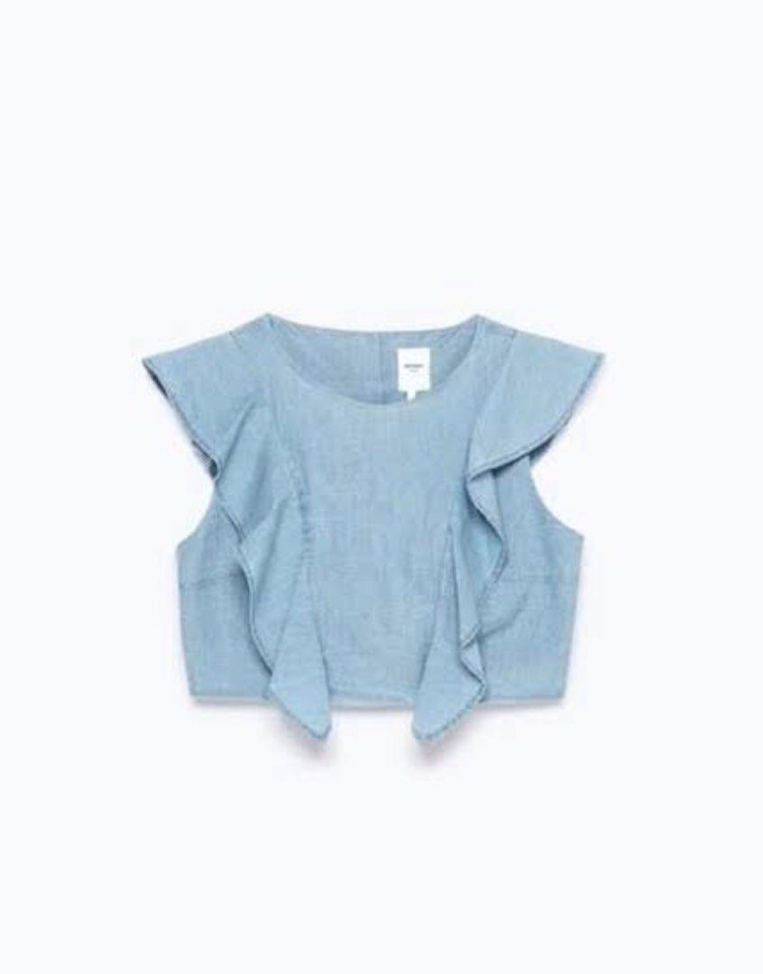 Zara denim ruffle, Fesyen Wanita, Pakaian Wanita, Atasan di Carousell