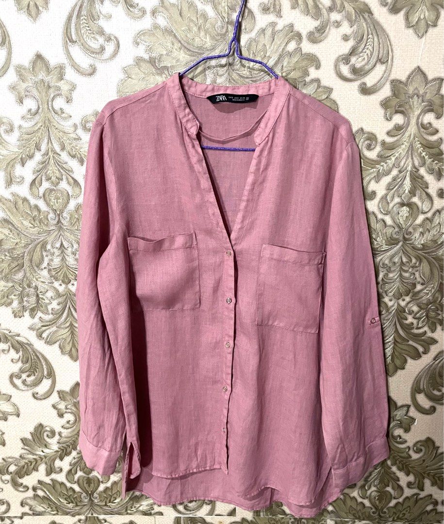 ZARA pink linen blouse, Fesyen Wanita, Pakaian Wanita, Atasan di Carousell