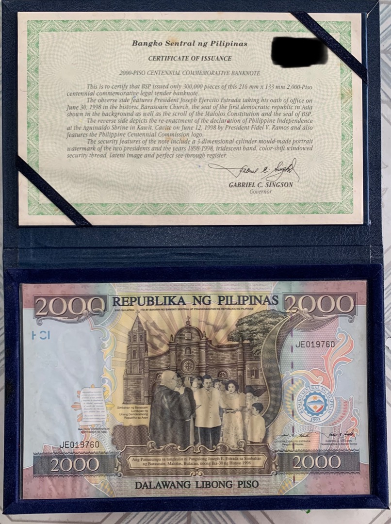 2000 Peso Bill - Commemorative Banknote with Certificate of Issuance on ...